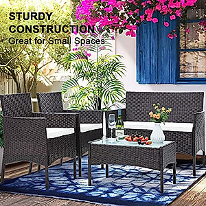 Mr IRONSTONE 4 Pieces Patio Furniture Set, Outdoor 2 Rattan Chairs Wicker Sofa with Tempered Glass Side Table and Soft Cushions, Outdoor Conversation Sets for Patio, Lawn, Garden, Poolside, Balcony