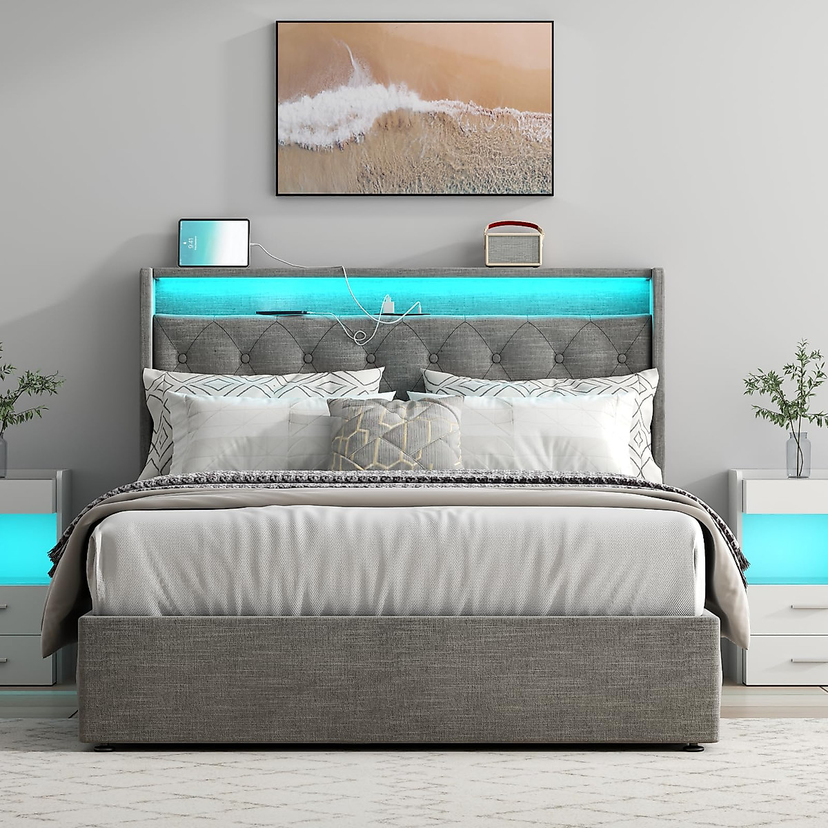 Loomie Full Lift Up Bed Frame with Charging Station & LED Lights, Upholstered Bed with Button Tufted Wingback Storage Headboard, Hydraulic Storage, No Box Spring Needed, Wood Slats Support,Light Grey