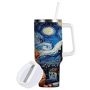 RPLIFE Cute Orange Cat Starry Night 40 Oz Tumbler with Handle, Stainless Steel Bottle, Insulated Water Bottle with Straw