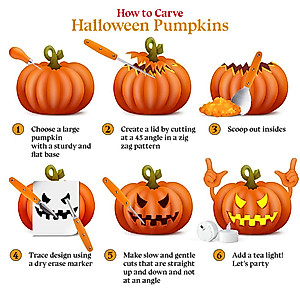 EPLST Halloween Pumpkin Carving Kit, 6 Pieces Heavy Duty Professional Stainless Steel Carving Tools Set for Halloween Decorations, Included 2 LED Candles & 10 Carving Stencils, Easily Sculpting Orange