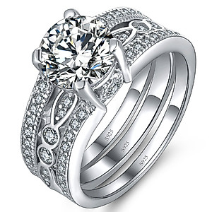 MABELLA 2.7 Carats Round Cut White Cubic Zirconia 925 Sterling Silver Alternative Engagement Wedding Ring Set Size 8