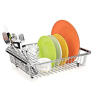 blitzlabs Expandable Dish Rack, Deep Large Dish Drying Rack with 4 Division Utensil Silverware Cutlery Holder, Dish Drainer Shelf Dish Rack in Sink On Counter, Rustproof Stainless Steel