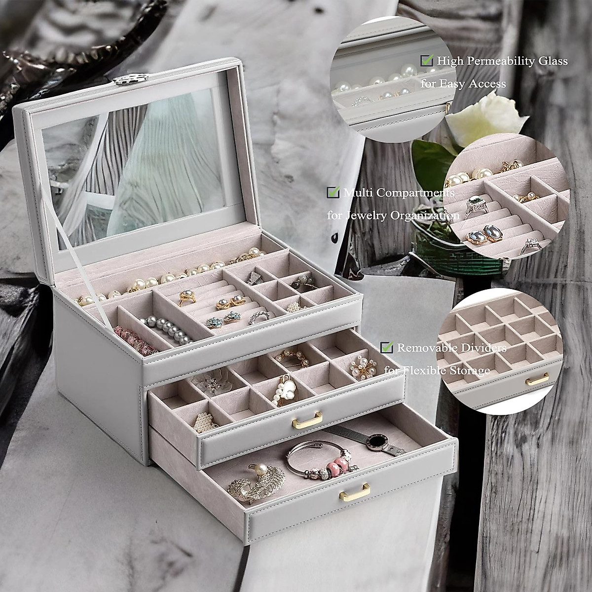 Vlando Jewelry Box Organizer, Leather Jewelry Display Case, 2 Jewelry Tray Drawer Storage for Necklaces, Earrings and Rings, Grey