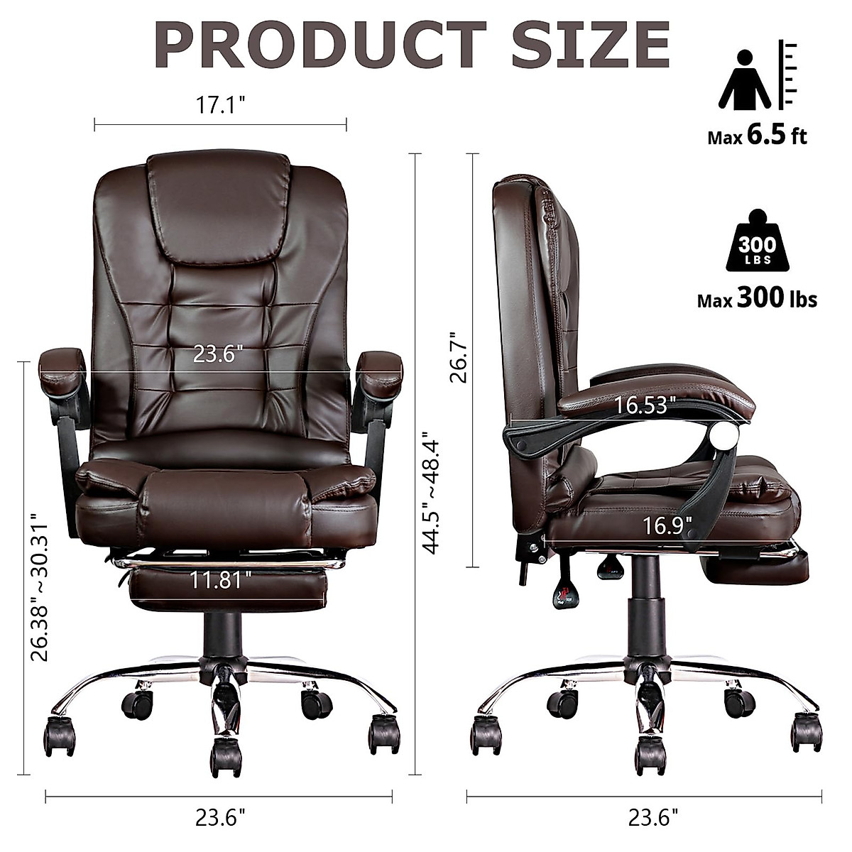 BXCSMFA Executive Office Chair Black Leather Reclining Office Chair with Footrest, Ergonomic Massage Office Chair Comfortable Adjustable Computer Task Rolling Chair (Amber Massage Executive Chair)