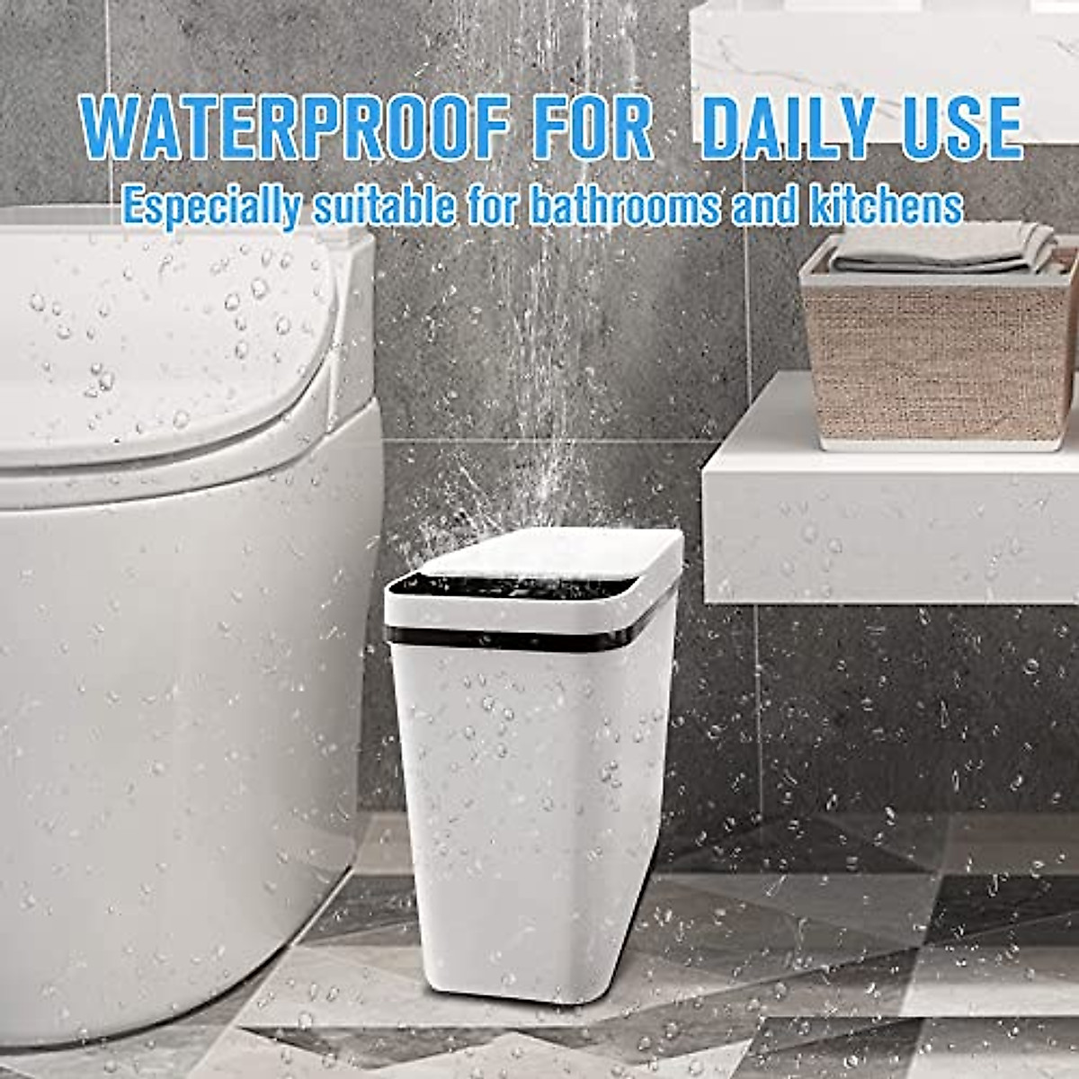 BIGEBAN Touchless Bathroom Trash Can with Lid, 2.5 Gallon Slim Smart Garbage Can, Automatic Motion Sensor Trash Can for Bathroom, Kitchen, Office, Bedroom, Living Room, Toilet (White)