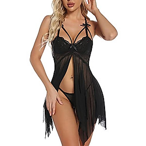 Donnalla Women Sexy Lace Lingerie Babydoll Chemise Boudoir Outfits Sleepwear (Black X-Large)