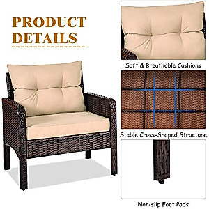 Tangkula 3 Piece Outdoor Patio Furniture Set for 2, Wicker Chairs with Glass Top Coffee Table, Thick Cushions, All Weather Garden Lawn Poolside Backyard Porch (Brown)