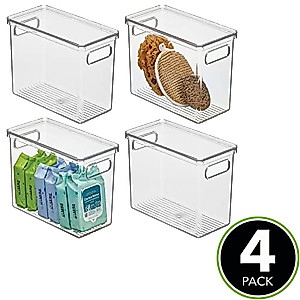 mDesign Slim Plastic Stackable Bathroom Cabinet Storage Bin Box with Handles/Lid, Drawer Stacking Organizer for Soap, Lotion, Towels, and Accessories, Ligne Collection, 4 Pack, Clear