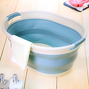 SAMMART 28L (7.4Gallons) Collapsible Plastic Laundry Basket - Oval Tub/Basket - Foldable Storage Container/Organizer - Portable Washing Tub - Space Saving Laundry Hamper (1, Grey/Sterling Blue)