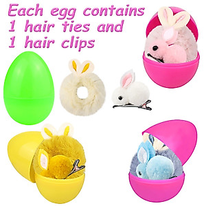 Easter Eggs Easter Basket Stuffers For Toddler Girls Filled 4 Pack Eggs with Cute Rabbit Hair Clips and Hair Ties Inside Colorful Plastic Prefilled Easter Eggs with Toys Inside For Kids Easter Gifts