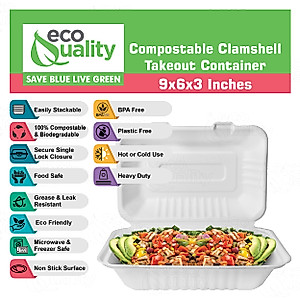 Compostable Rectangular Hinged Clamshell Take Out Food Containers 9x6x3,Heavy Duty Quality Disposable to go Containers, Single Compartment Eco-Friendly Takeout Box, Restaurants, Food Trucks (25)