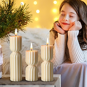 Conelist 3 Pcs Ribbed Pillar Candles Handmade Scented Soy Wax Candle Natural Aesthetic Candles Housewarming Gift Decorative Candles for Home Decor, 5.5 Inch, 7 Inch, 9 Inch in Height(White)