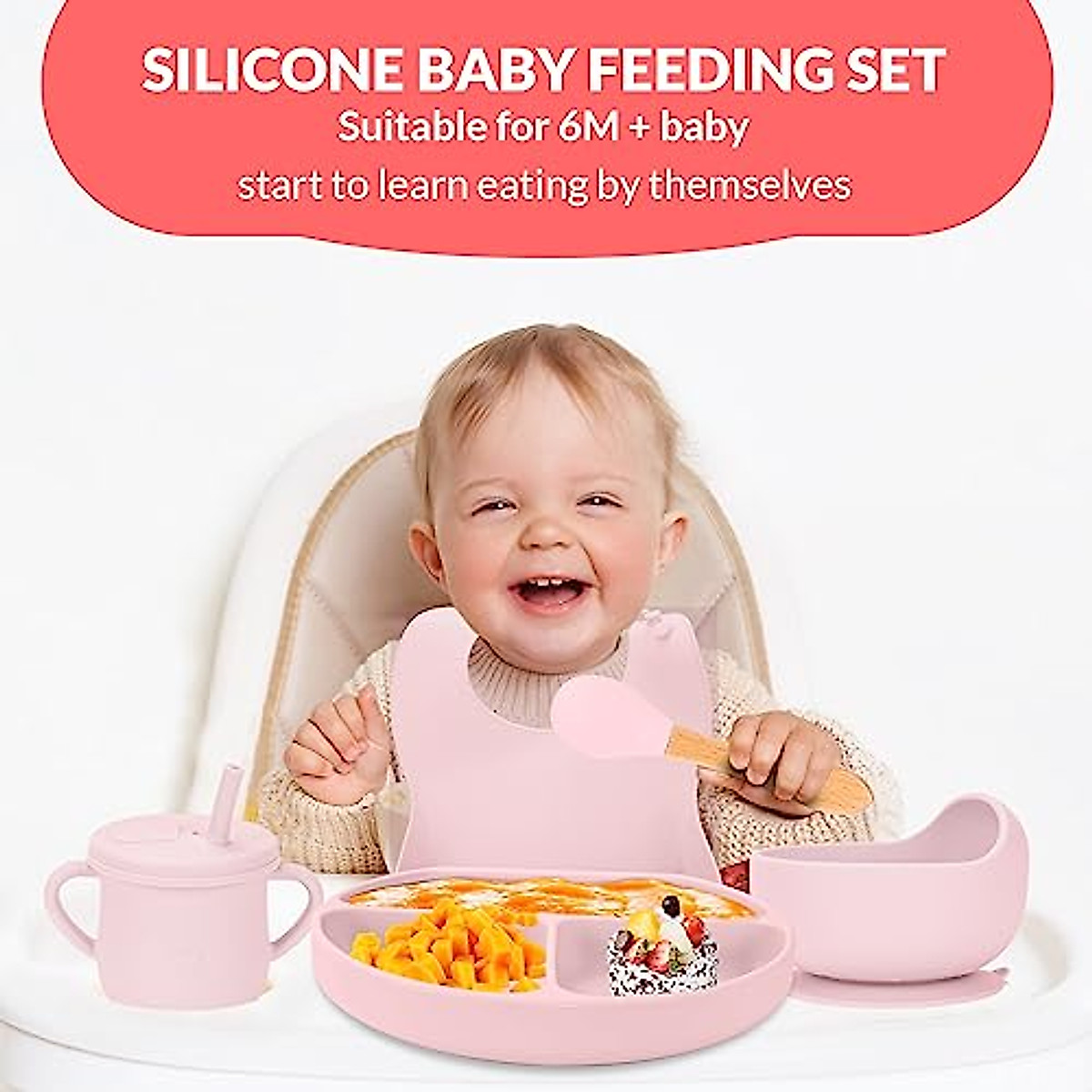 Silicone Baby Feeding Set - REIKTLUD Baby Led Weaning Supplies - Silicone Suction Bowls Divided Plates, Sippy and Snack Cup - Toddler Self Feeding Eating Utensils Set with Bib, Spoons, Fork (Pink)