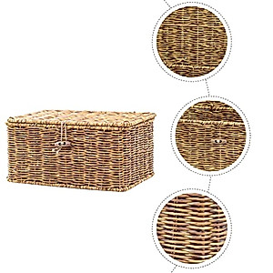 Zerodeko Wicker Storage Basket Rattan Storage Basket with Lid Rectangular Makeup Organizer Container Woven Shelf Baskets Wicker Storage Bins for Organizing Groceries Closet Laundry Room