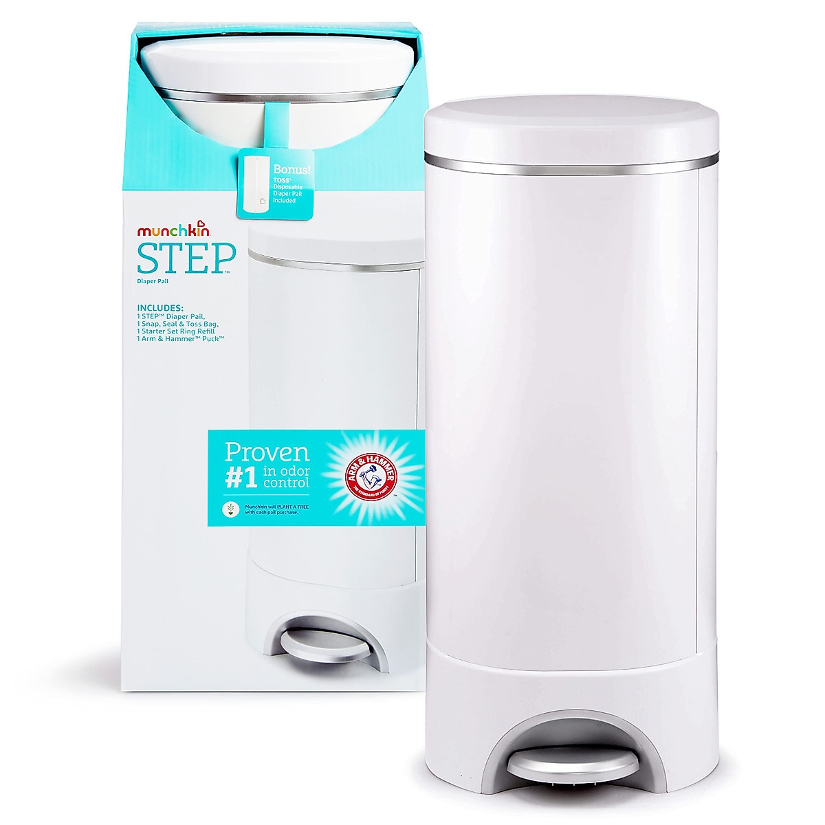 Munchkin® Step Diaper Pail Powered by Arm & Hammer & Arm & Hammer Diaper Pail Refill Rings, 2,176 Count, 8 Pack (272 Count each) & ® Arm and Hammer Diaper Pail Snap, White 20 Count