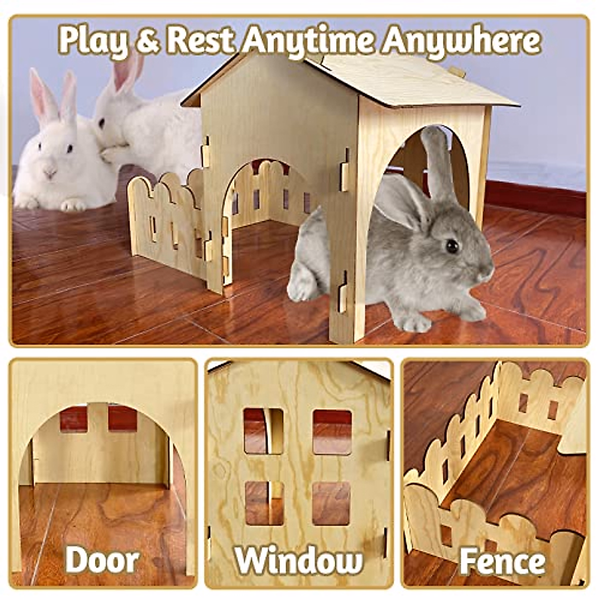 Fhiny Wooden Rabbit Castle Hideout with Fence, Small Animal Rest and Play House Hideaway with Window Detachable Rabbit Bed Hut Bunny Castle for Indoor Chinchilla Guinea Pig Hedgehog