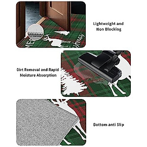 Welcome Mats, Merry Christmas Elk and Christmas Tree Red and Green Plaid Door Mat, Non-Slip Absorbent Large 24x71 Inch Outdoor Indoor Mat Low-Profile Floor Mat Doormat for Entryway/Patio/Garage
