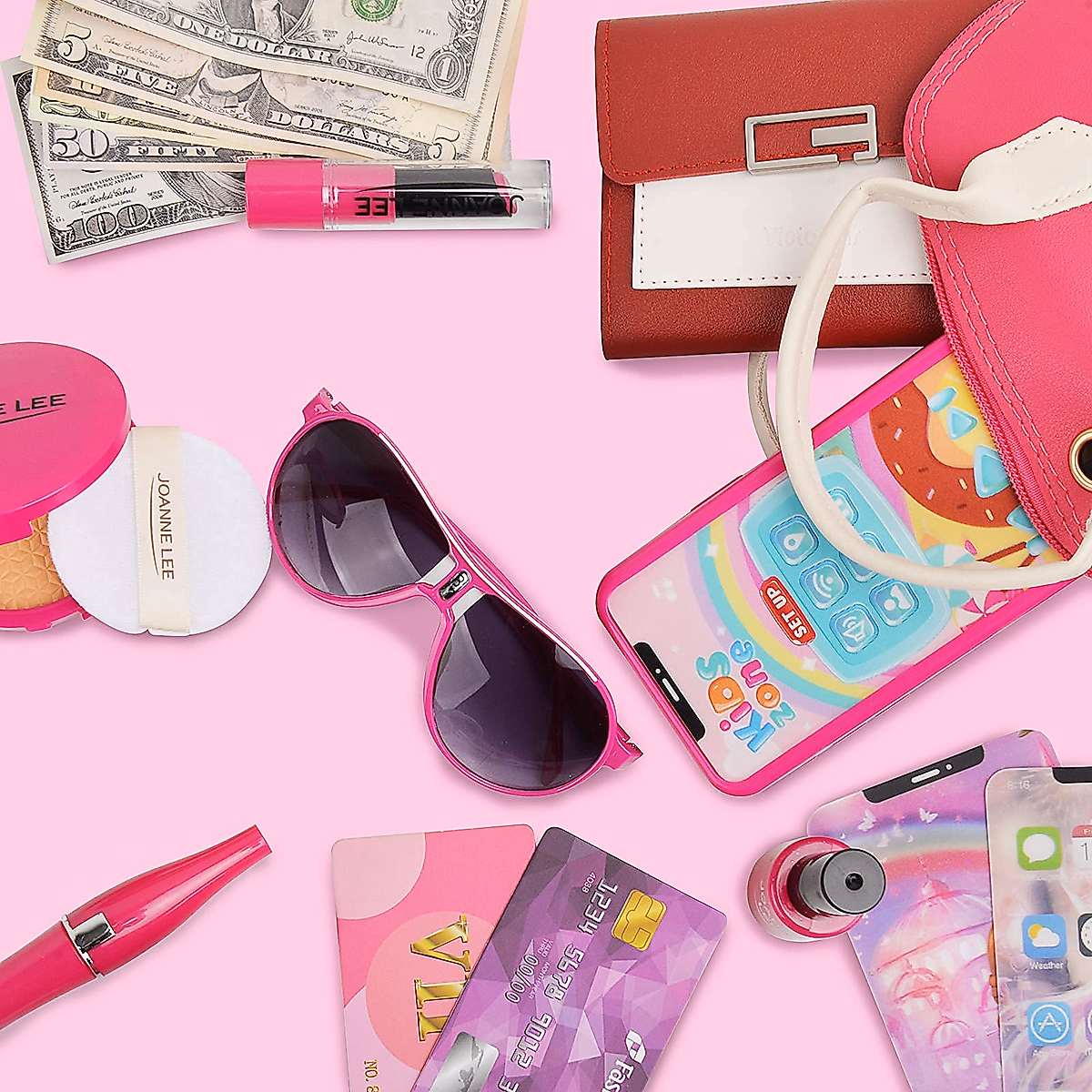 21Piece Girls Pretend Play Set ,My First Purse Toy with Handbag, Makeup Set, Sunglasses, Smartphone, Wallet, Car Keys, Credit Card Playset for Kids Gifts