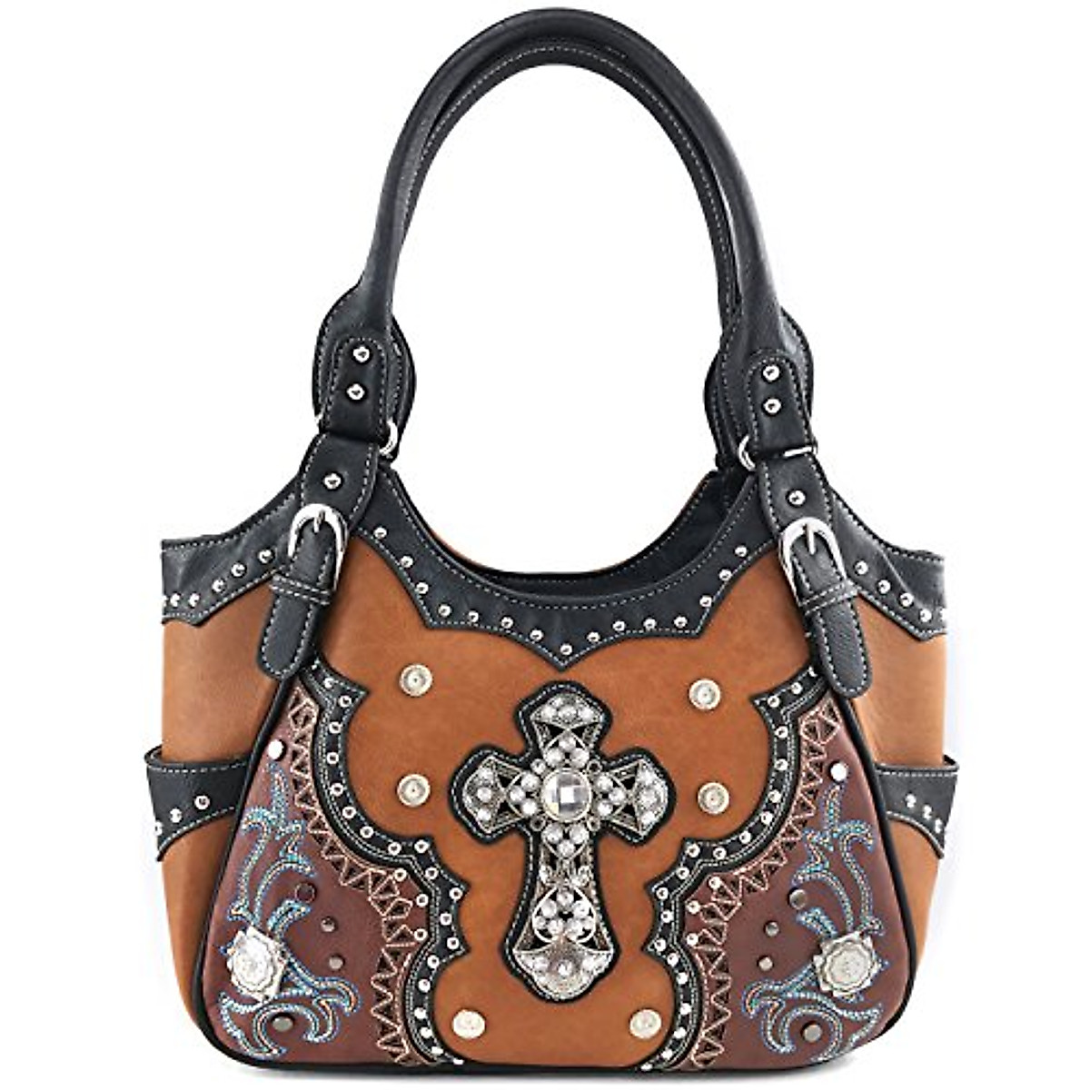 Justin West Concealed Carry Laser Cut Square Concho Embellishment Cross Studded Antique Embroidery Handbag/Wallet/Messenger Purse (Brown Tote and Wallet Set)