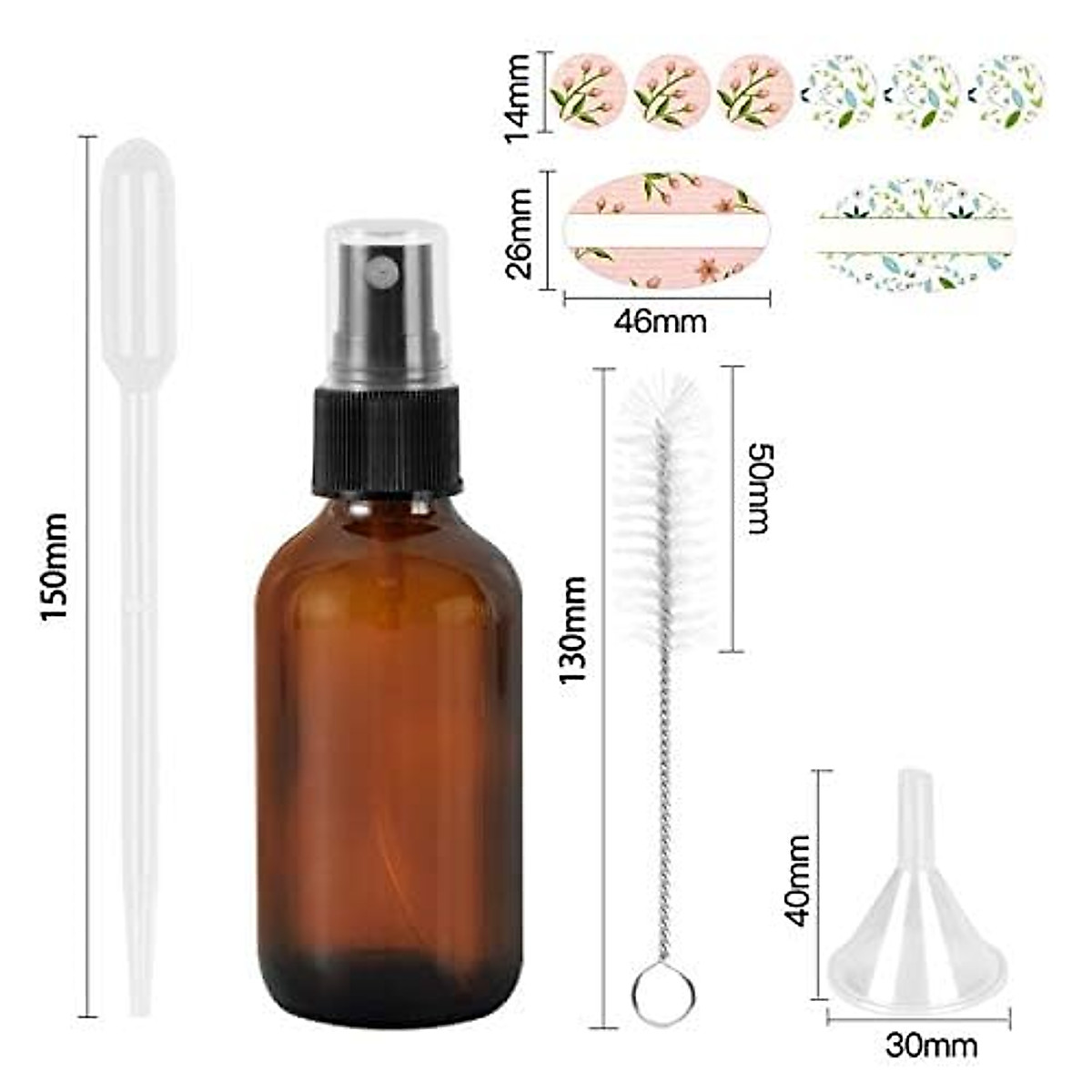 STARSIDE 12 Pack (120 ml) 4oz Amber Glass Spray Bottles with Fine Mist Sprayer & Dust Cap for Essential Oils, Perfumes,Cleaning Products.Included 1 Brush,2 Funnels,2 Droppers & 18 Labels.