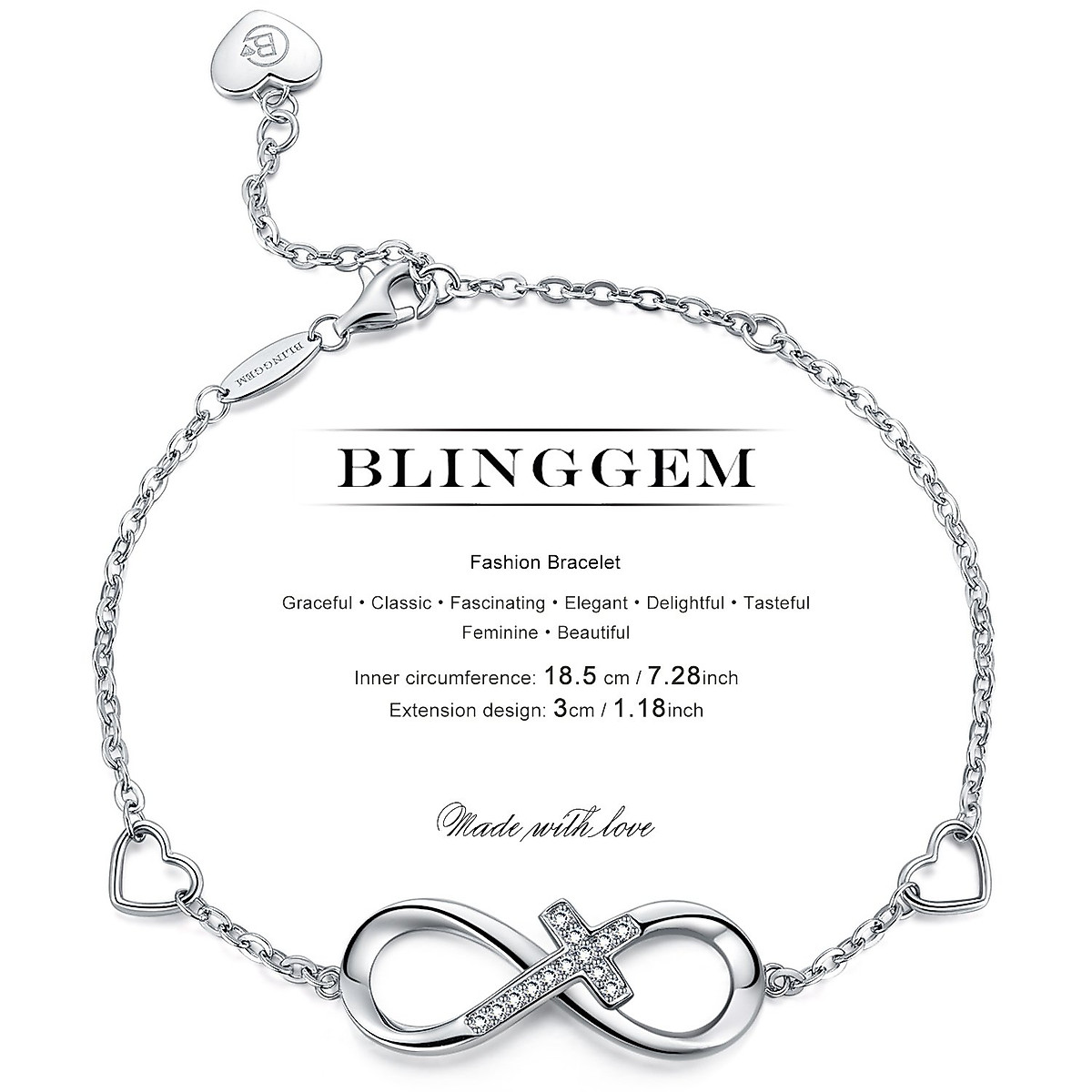 BlingGem Bracelet for Women Infinity Cross 925 Sterling Silver Cubic Zirconia Religious Cross Infinity Love Charm Bracelet Birthday Jewelry Gifts for Women Wife