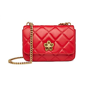 Women Quilted Crossbody Bag Genuine Leather Clutch Purse with Chain Strap Ladies Small Shoulder Handbags - Star Red