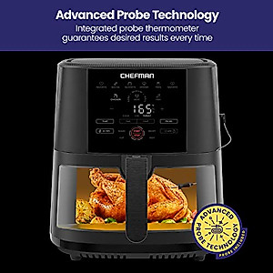 Chefman Air Fryer 8 Qt with Probe Thermometer, 8 Preset Functions, 1-Touch Digital Display Compact Cooker, Extra Large Nonstick Square Air Fryer Basket with Window, Dishwasher-Safe Parts, Black