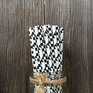 Black and White Race Theme Paper Straws - Checkered and Banner - 100 Pack