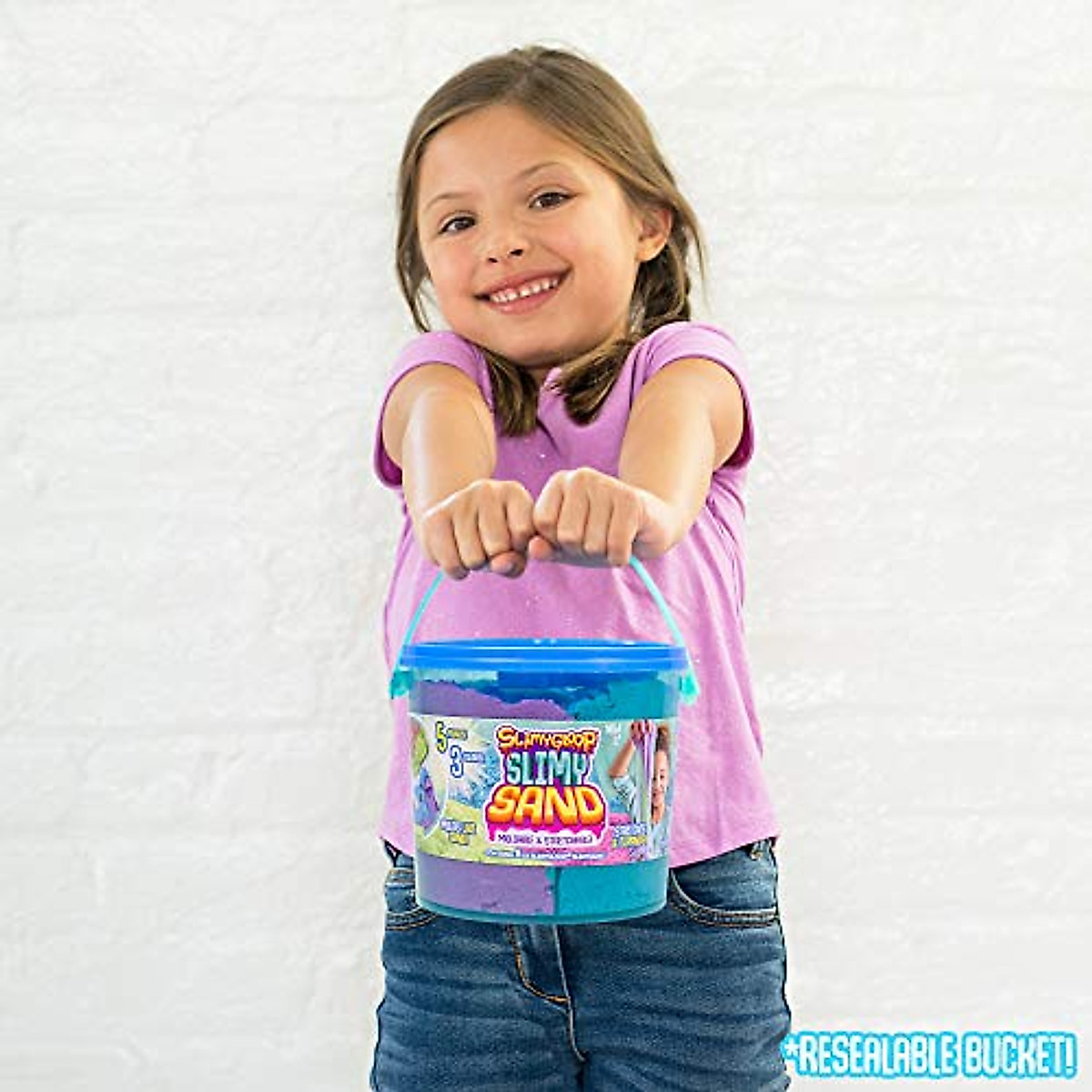 SLIMYSAND Bucket - 5 Pounds of Slimy Sand in 3 Colors (Blue, Green, Purple) - Cotton Candy Sand Play Set with 3 Molds and Reusable Bucket for Storage - Super Stretchy & Moldable Cloud Slime