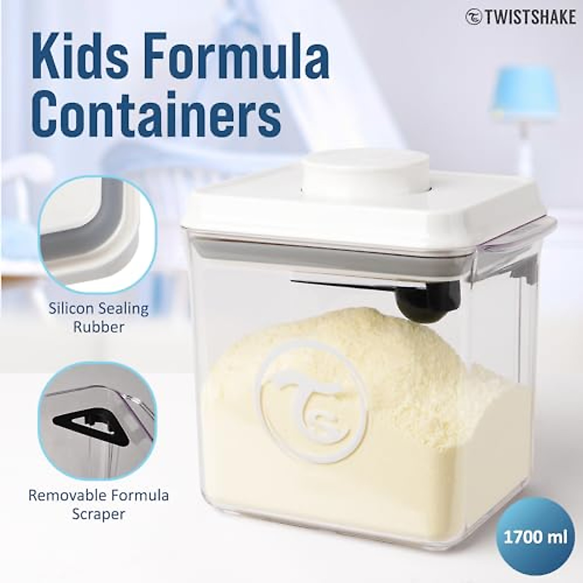 TWISTSHAKE Milk Powder Storage Container with Spoon 1700 ml - Sealed Milk Powder Dispenser with Airtight Lid - One-Handed Operation - BPA Free - White