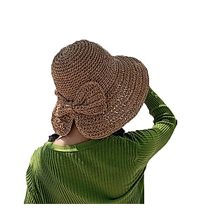 Womens Summer Sun Beach Straw Hat UPF50 Travel Foldable Wide Brim Summer UV Hat with Big Bow (Coffee)