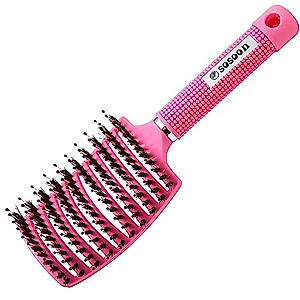 Hair Brush, Sosoon Upgraded Boar Bristle Detangling Brush for Fast Blow Drying, Curved Vented Styling Hairbrushes with Ultra-soft Bristles for All Hair Types for Men Women Kids Wet & Dry Hair, Pink