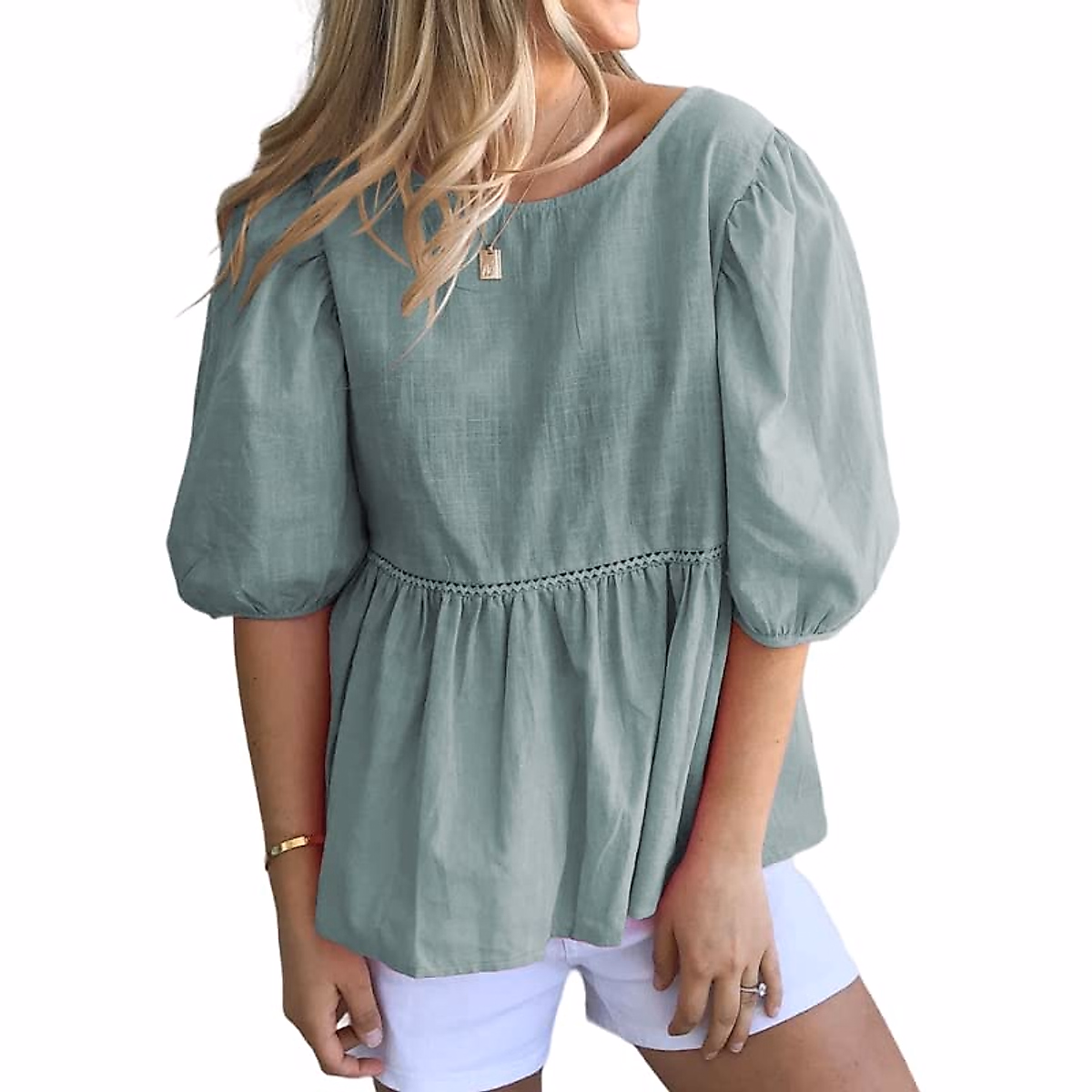 REDMORE Womens Summer Peplum Tops Loose Casual Tunic 2023 Balloon Sleeve Blouses Crew Neck Cute Shirts Light Green