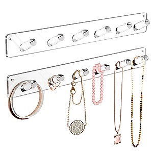 MaxGear Acrylic Necklace Holder 2 Pack, Wall Mounted Jewelry Organizer for Necklaces, Bracelets, Rings, and Bangles Display Rack, Hanging Jewelry Hooks for Women & Girls