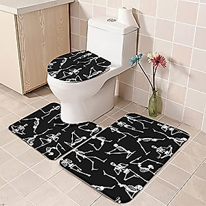 Teather Halloween Skull Bath Rugs Sets 3 Piece Funny Skeleton Yoga Bathroom Mats Set Non Slip Water Absorbent U-Shaped Contour Toilet Mat Black White Toilet Lid Cover, Halloween Black Bath Mat