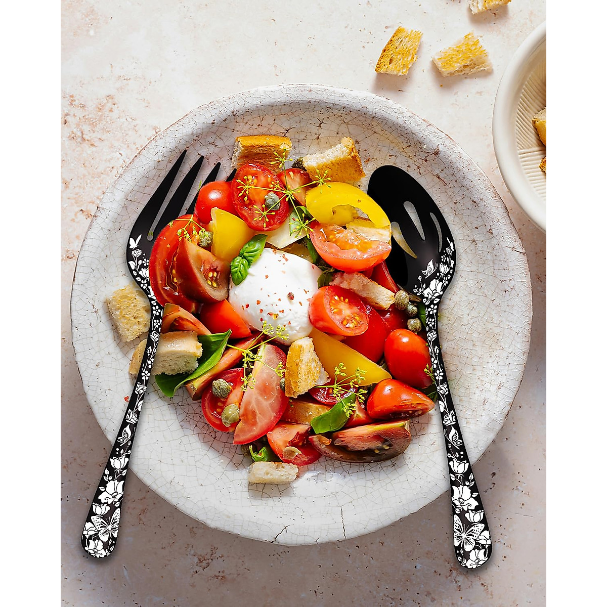 Stapava Serving Utensils Set Black, 5PCS Stainless Steel Flatware Serving Set with Large Serving Spoon Slotted Serving Spoon Serving Fork Sugar Spoon Butter Knife for Dinner Party, Dishwasher Safe