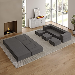 Vivaadecor 80'' Folding Bed Couch, Foam Floor Sofa with 3Ottomans& Washable Velvet Cover,Modular Sectional Sofa Futon Sleeper Convertible Memory Mattress for Guest/Living Room/Playroom,Queen,Deep Grey