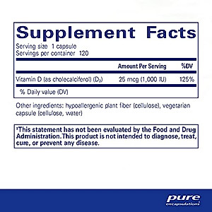 Pure Encapsulations Vitamin D3 25 mcg (1,000 IU) | Supplement to Support Bone, Joint, Breast, Heart, Colon and Immune Health* | 120 Capsules