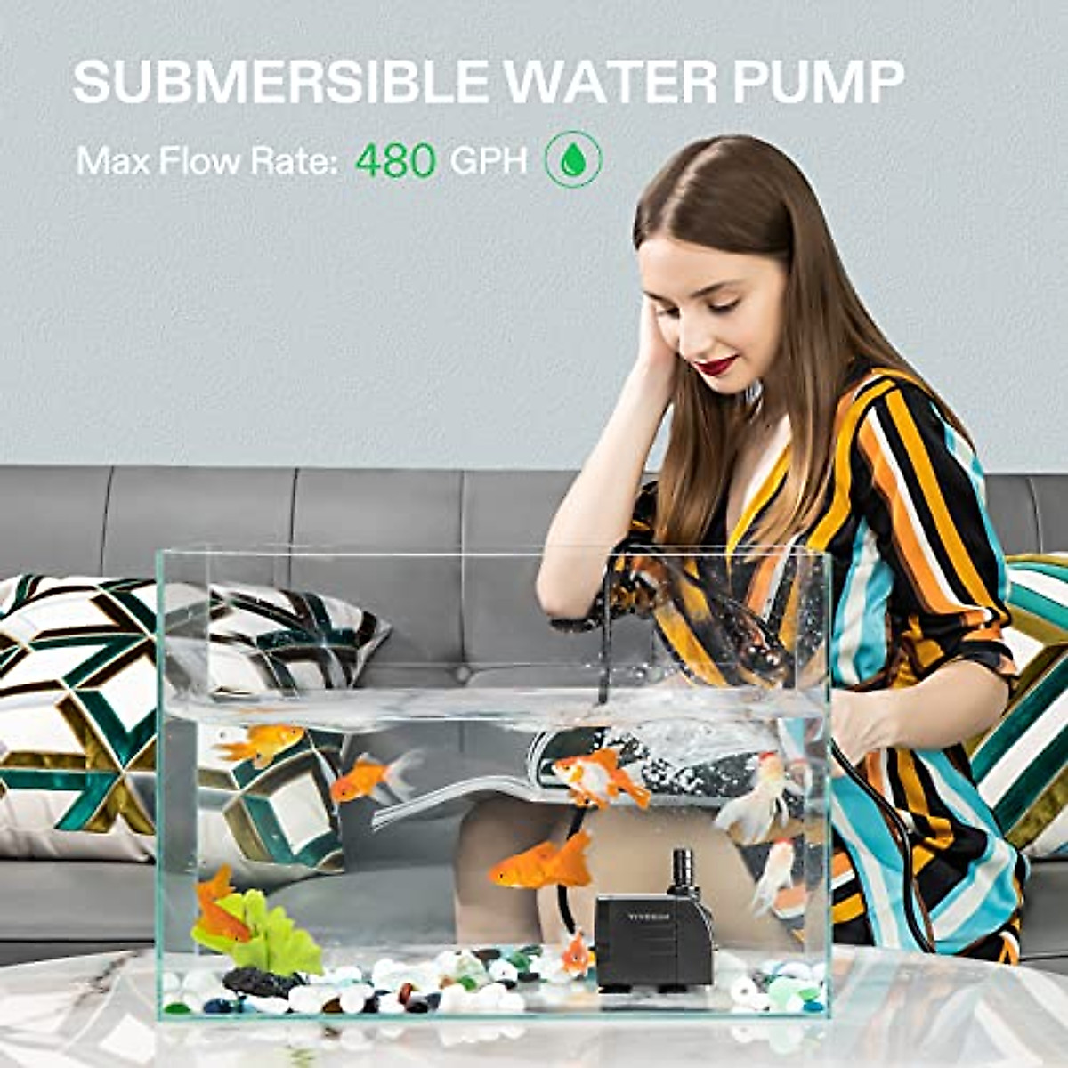 VIVOSUN 480GPH Submersible Pump(1800L/H, 25W), Ultra Quiet Water Pump with 7.2ft High Lift, Fountain Pump with 5ft Power Cord, 3 Nozzles for Fish Tank, Aquarium, Statuary, Hydroponics
