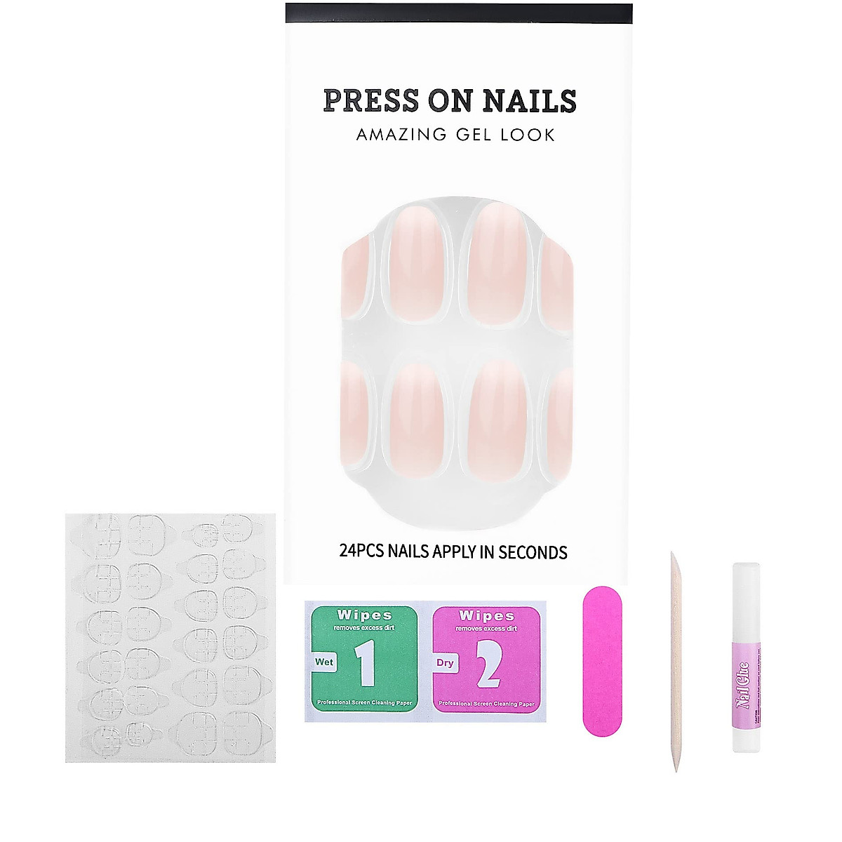 24 Pcs Press on Nails Medium, Sunjasmine Almond Fake Nails with Glue, Pink White Gradient False Nails with Designs, Acrylic for Women