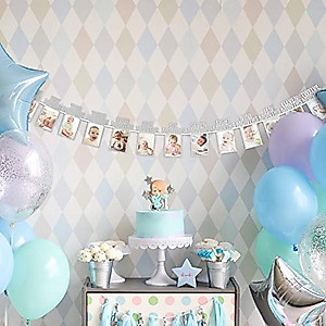 1st Birthday Baby Photo Banner - Perfect 1-12 Month Photo Prop Garland Bunting Baby Shower Party Decoration Glitter Silver