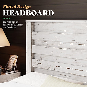 AMERLIFE Farmhouse Queen Size Bed Frame with 49" Fluted Headboard, Platform Bed with Natural Wood Grain, No Box Spring Needed/Noise Free, Distressed White