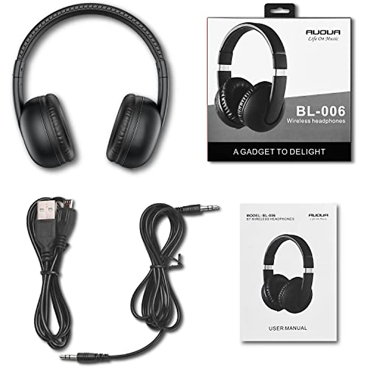 AUOUA Bluetooth Headphones Wireless Over-Ear Headset, Hi-Fi Stereo, Soft Foam Earmuffs, Wireless Headphone with Mic for Home Office Travel Black(BL006)