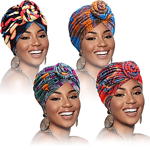 SATINIOR 4 Pieces African Pattern Headwrap Pre-Tied Bonnet Turban Knot Beanie (Flower) Multicoloured