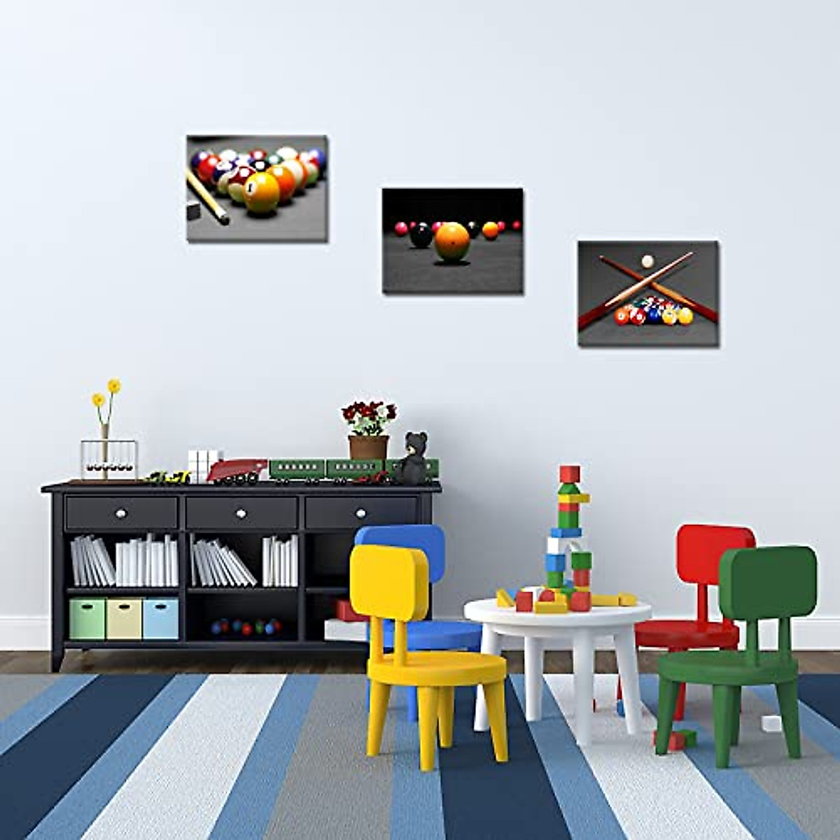 Conipit Billiards Canvas Wall Art Pool Table Pictures Leisure Sport Painting Snooker Photo Painting for Game Room Club Bar Wall Decor Stretched and Framed Prints Ready to Hang 12"x16" x 3Pcs