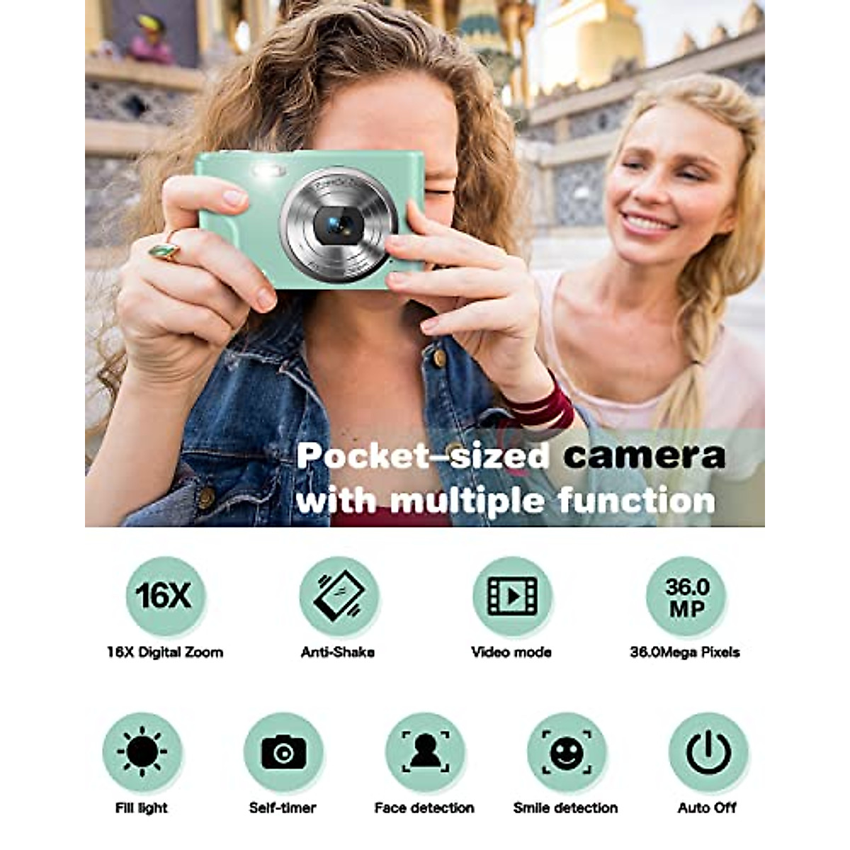 Digital Camera, Lecran FHD 1080P 36.0 Mega Pixels Vlogging Camera with 16X Digital Zoom, LCD Screen, Compact Portable Mini Cameras for Students, Teens, Kids (Green)