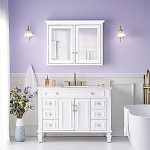 WELLFOR 40 x 30-in Bathroom Cabinet with Double-Side Mirrors, Wall Mounted Wood Mirror Storage Cabinet with 2 Soft-Close Door/ 4 Solid Wood Shelves, Anti-Fog Glass, Z-bar Hangs Vertically, White