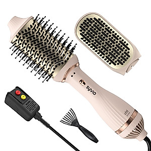 Syvio 4-in-1 Hair Dryer Brush, Detachable Oval & Flat Brush, Professional One-Step Hair Dryer & Volumizer for Straightening, Curling and Styling, Anti-frizz Hot Air Brush, Pink
