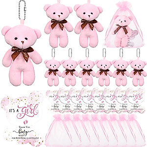 Ceenna 50 Sets Baby Shower Favor Bulk for Guest 50 Tiny Stuffed Bear Toy Plush Bear 50 Thank You Cards and Organza Bag Valentines Day Thank You Tag for Gender Reveal Guest Gifts(Pink)