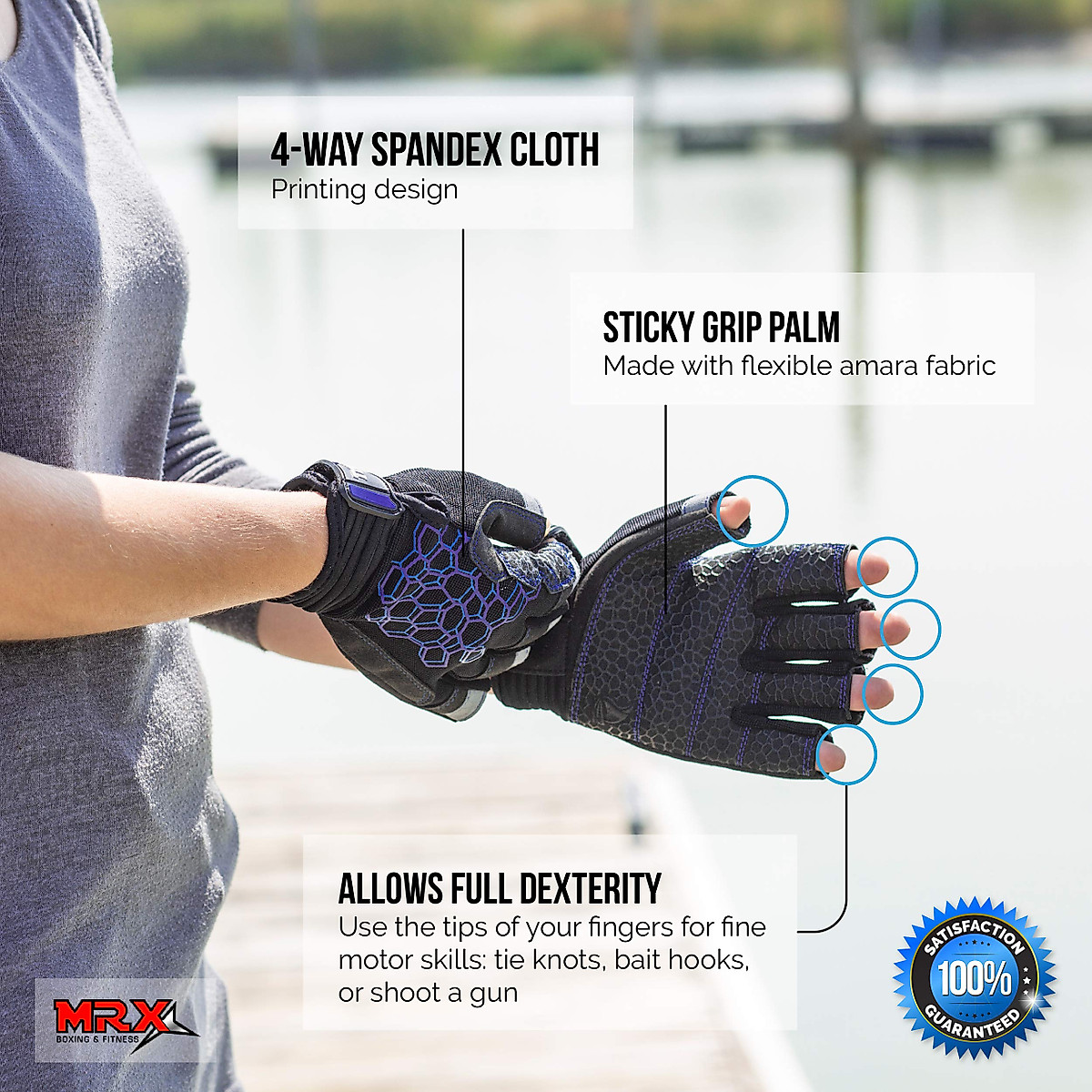 MRX BOXING & FITNESS SAILING GLOVES STICKY Palm Gripy Glove Yachting Kayak Dinghy Fishing Short Finger Multi Colors (Black/Blue, L)
